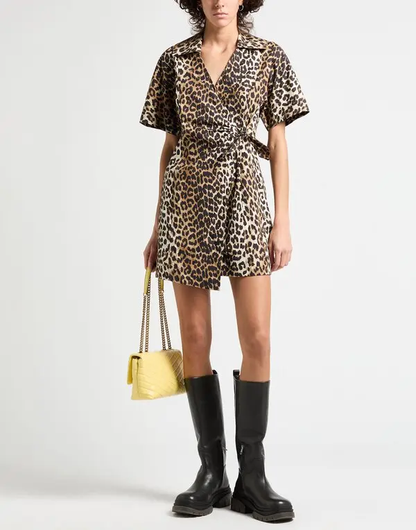 GANNI Leopard Print Organic Cotton Wrap Mini Dress