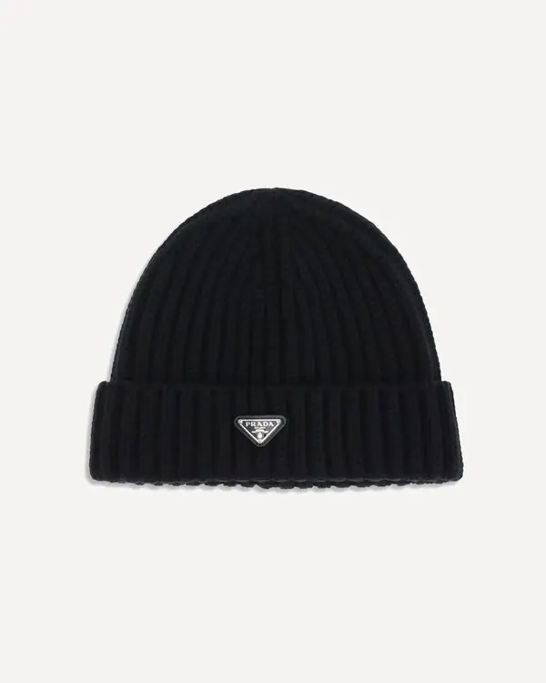 Prada Virgin Wool Ribbed Beanie Hat