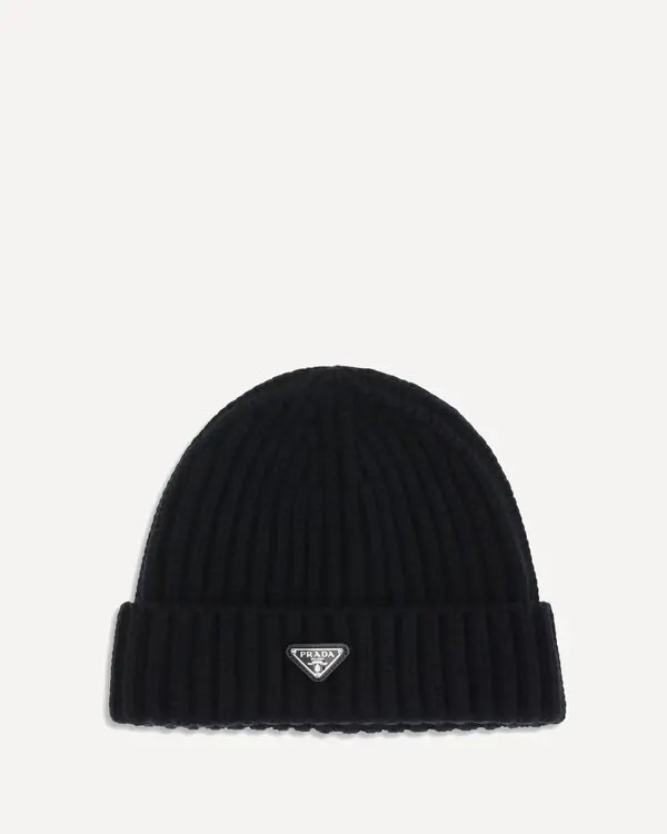 Prada Virgin Wool Ribbed Beanie Hat - Black