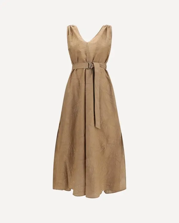 Brunello Cucinelli Midi Dress With Floral Motif - Beige