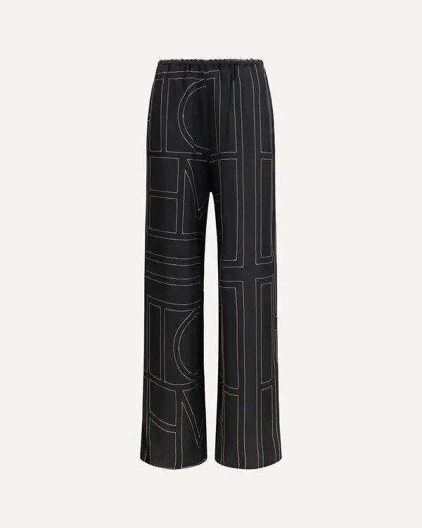 TOTEME Silk Monogram Wide Leg Pants - Black