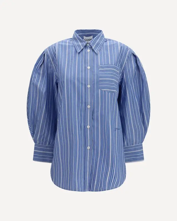 GANNI Striped Cotton Shirt With Classic Collar And Chest Pocket - Light Blue
