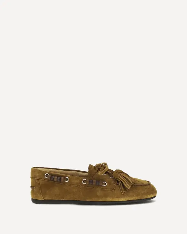Miu Miu Suede Boat Loafers With Tassel Detail - Beige