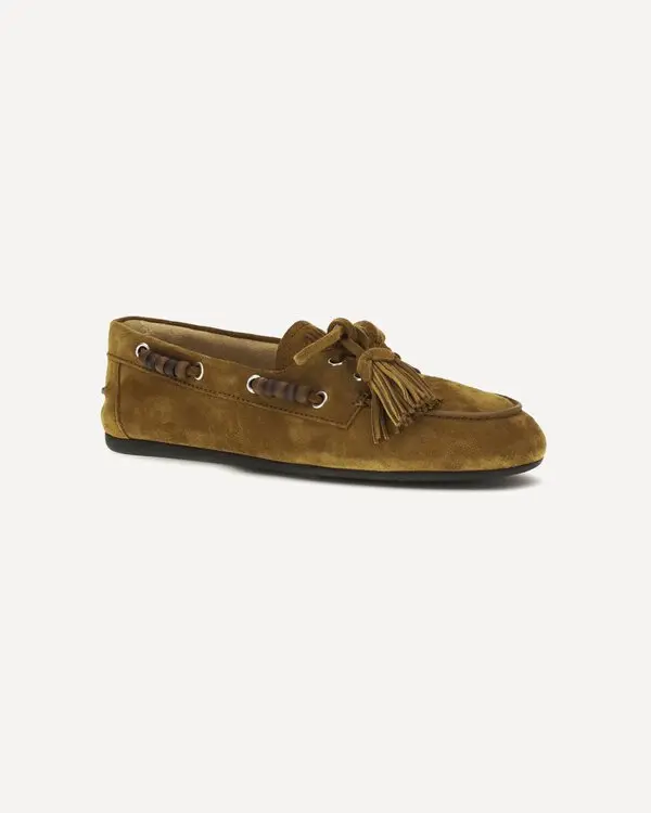 Miu Miu Suede Boat Loafers With Tassel Detail - Beige