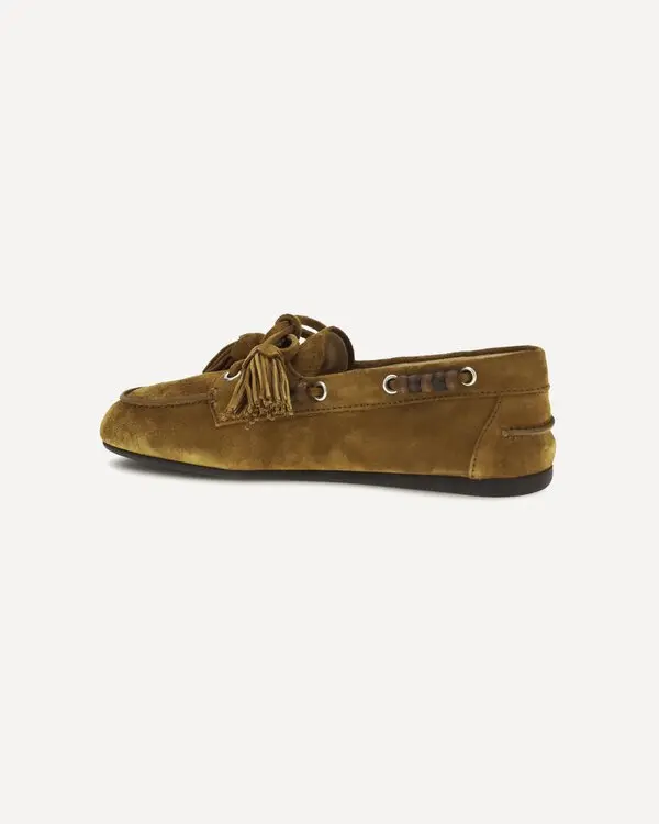 Miu Miu Suede Boat Loafers With Tassel Detail - Beige