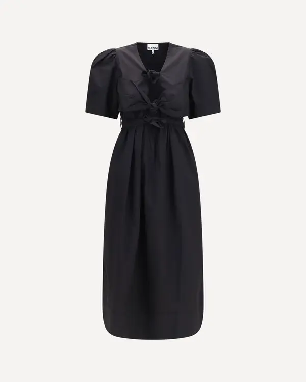 GANNI Midi Dress With Bows And Puff Sleeves - Black
