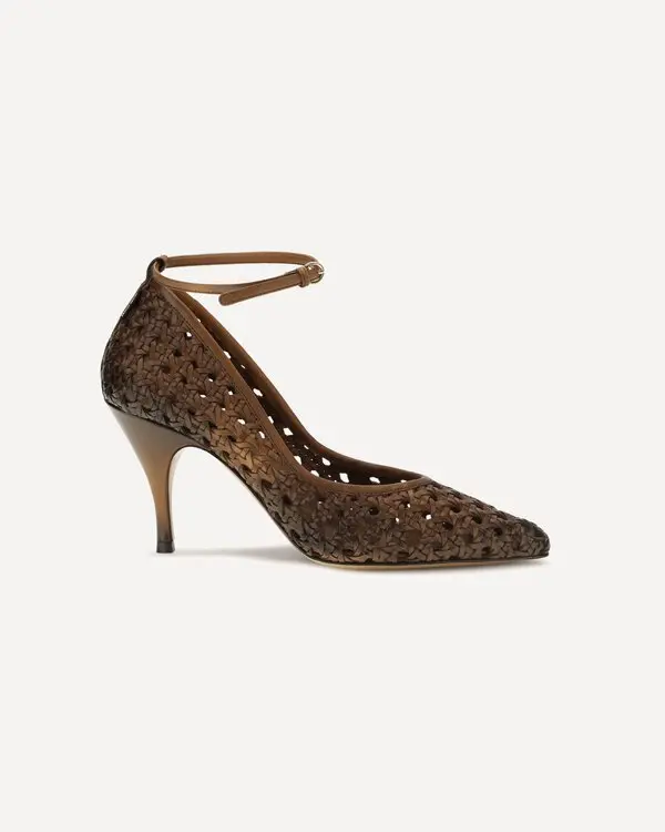 Miu Miu Woven Leather Ankle Strap Pumps - Beige