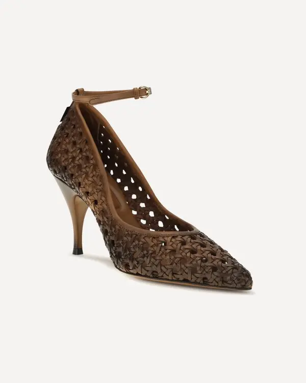Miu Miu Woven Leather Ankle Strap Pumps - Beige