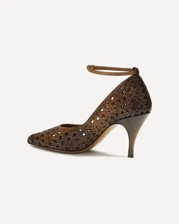 Miu Miu Woven Leather Ankle Strap Pumps - Beige