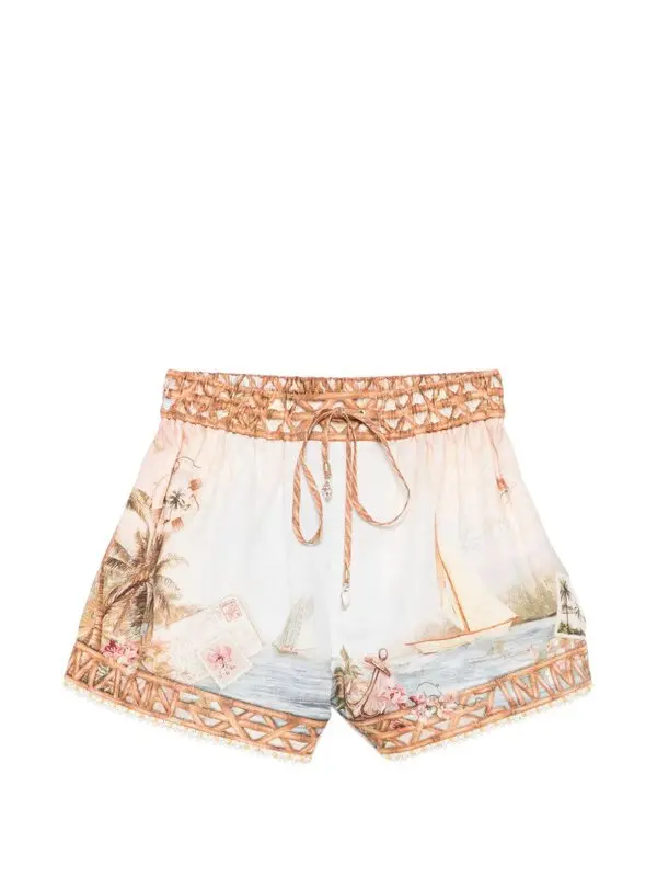 Zimmermann Mahon Linen Shorts With Island-map Print