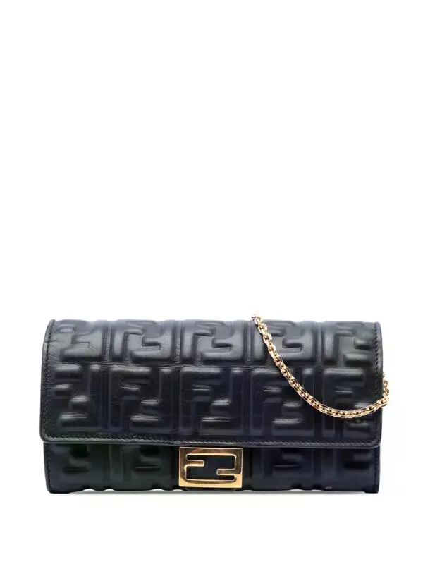 Fendi 2010-2026 Zucca Embossed Nappa Baguette Continental Wallet With Chain Crossbody Bag - Black