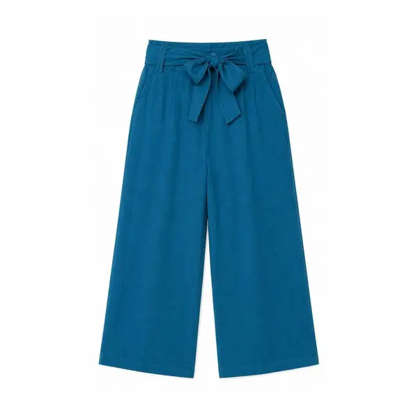 YUMI Teal Linen Blend Cropped Wide-leg Trousers With Tie Belt
