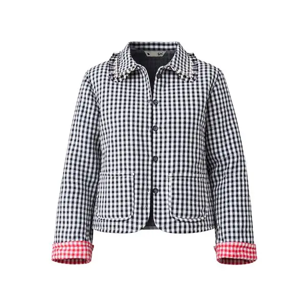 YUMI Gingham Check Quilted Jacket With Frill Collar