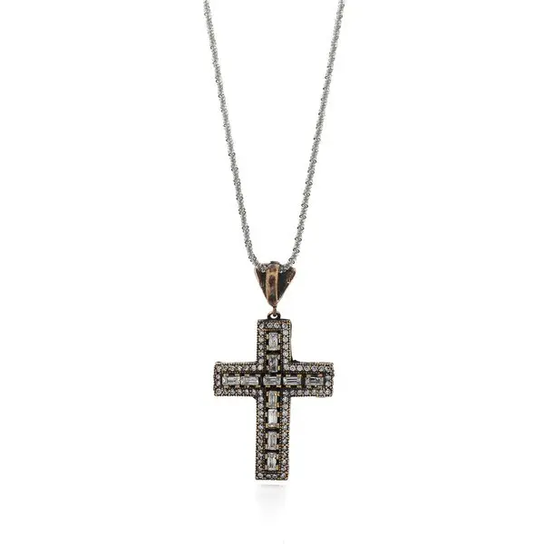 EBRU JEWELRY Pave Diamond Vintage Cross Sterling Long Chain Necklace - Silver