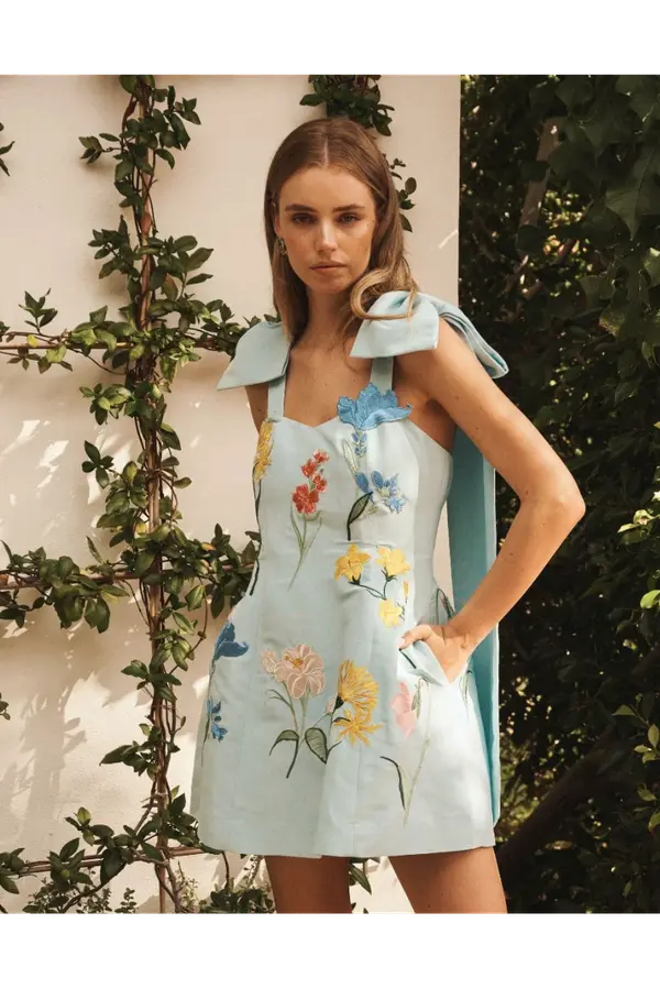 Mestiza New York Convertible Bow Mini Dress With Floral Embroidery - Blue