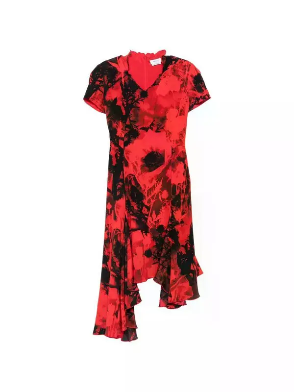 Alexander McQueen Floral Print Asymmetric Hem Dress - Red