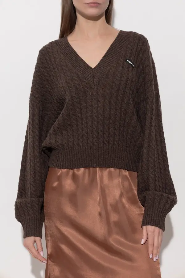 ROTATE BY BIRGER CHRISTENSEN Wool V-neck Cable Knit Sweater