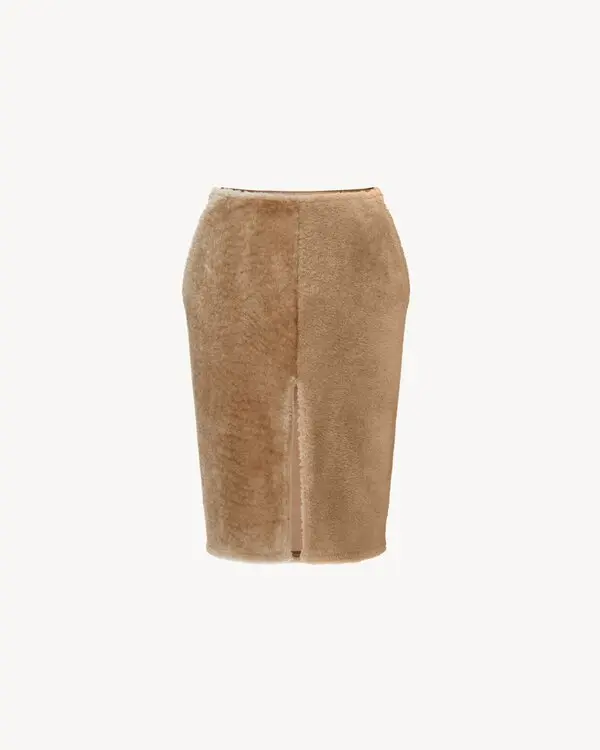Saint Laurent Pencil Skirt In Shearling - Gres/marron Glace