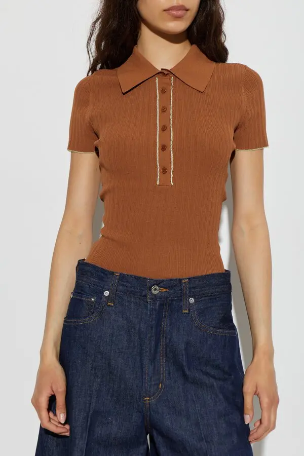 BY MALENE BIRGER Fitted Ribbed Knit Polo Shirt With Contrasting Trim - Brown