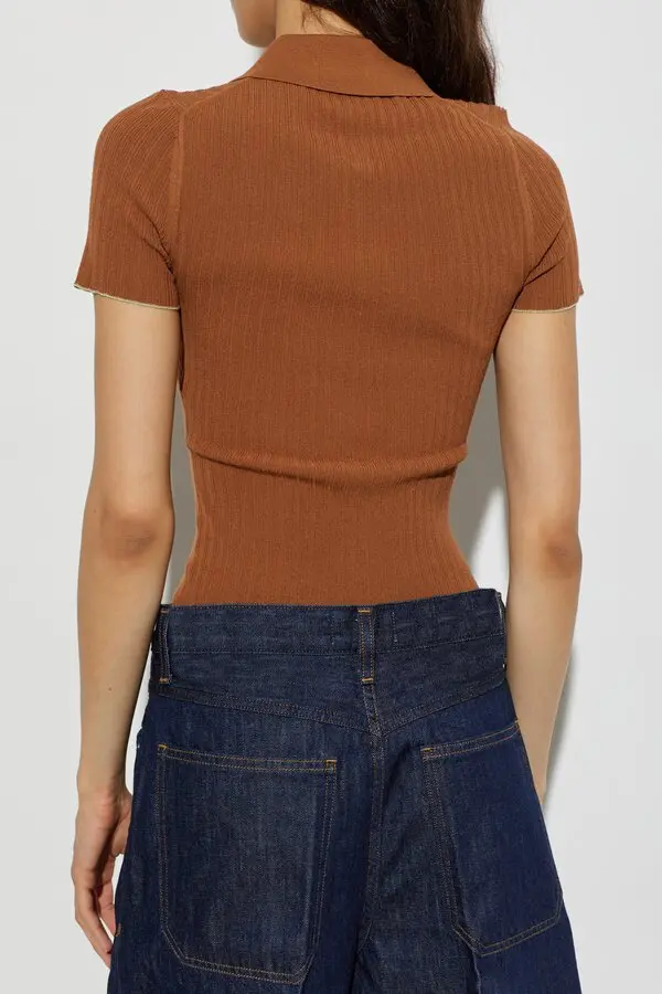 BY MALENE BIRGER Fitted Ribbed Knit Polo Shirt With Contrasting Trim - Brown