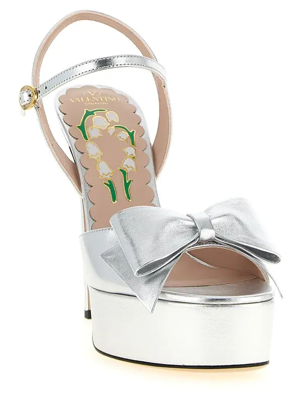 Valentino Garavani Metallic Leather Bow Platform Sandals - Silver