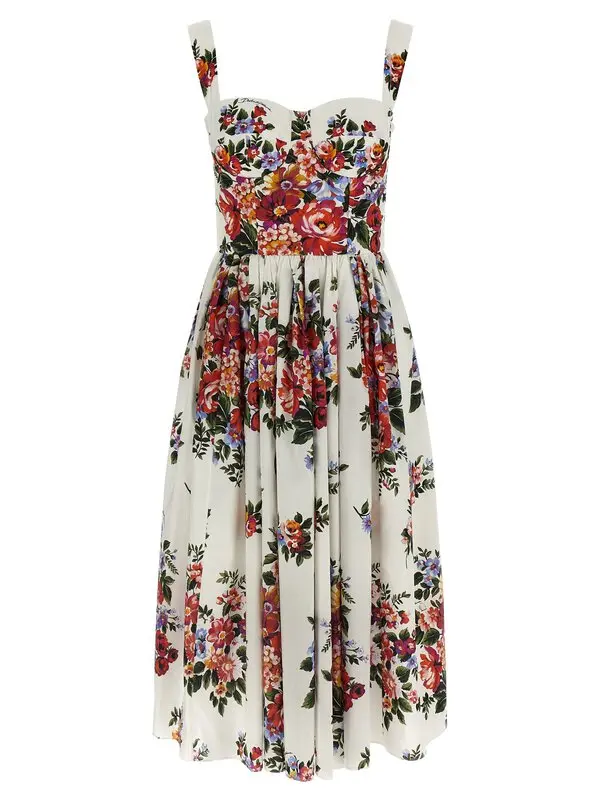 Dolce & Gabbana Mazzo Di Fiori' Print Cotton Midi Dress - White