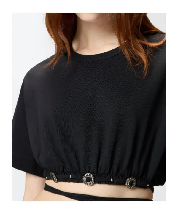 Pinko Lace-up Cropped T-shirt With Elasticized Hem - Black