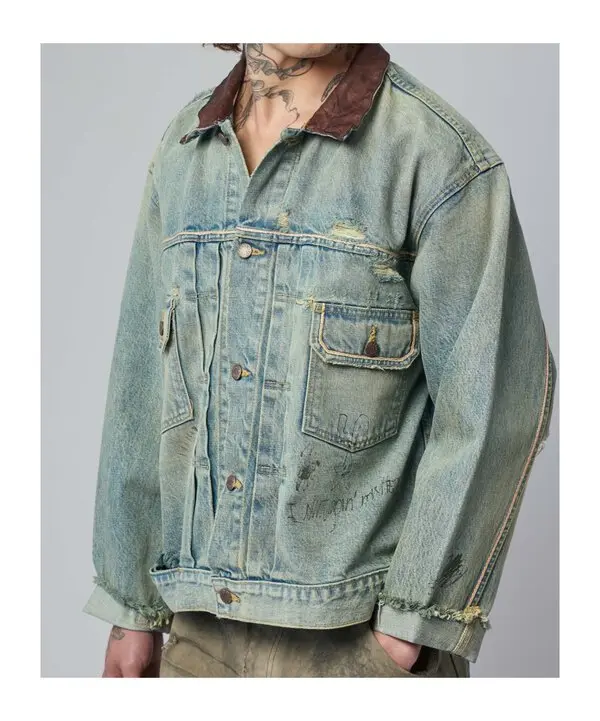 PALY HOLLYWOOD Distressed Denim Jacket With Leather Collar - Gray