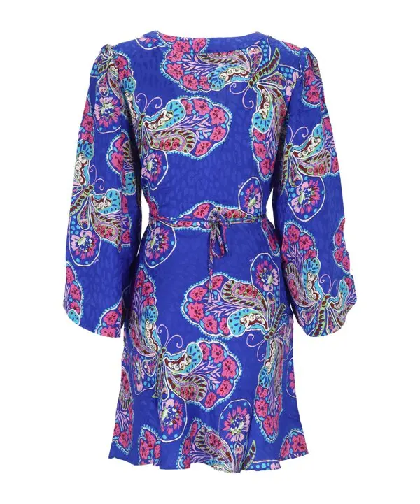 Rixo Butterfly Print Jacquard Round Neck Long Sleeve Dress