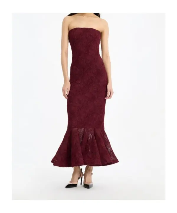ROTATE BY BIRGER CHRISTENSEN Strapless Floral Appliqué Mesh Maxi Dress - Bordeaux