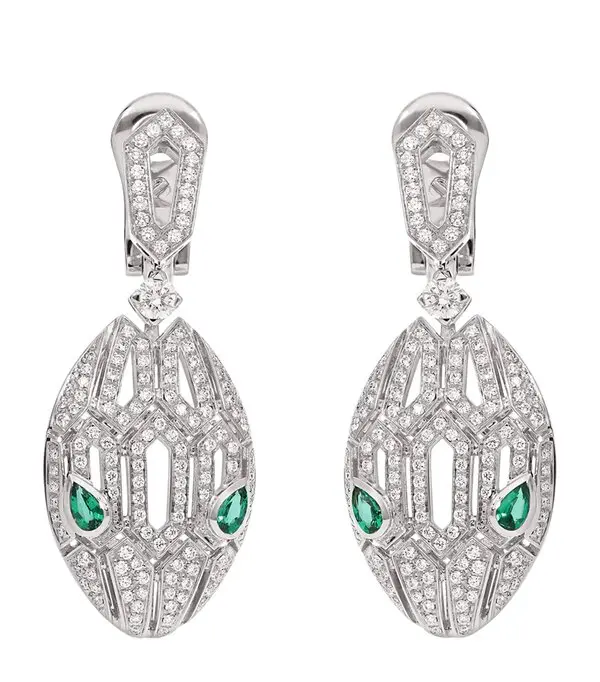 BVLGARI Gold Diamond And Emerald Serpenti Drop Earrings - White
