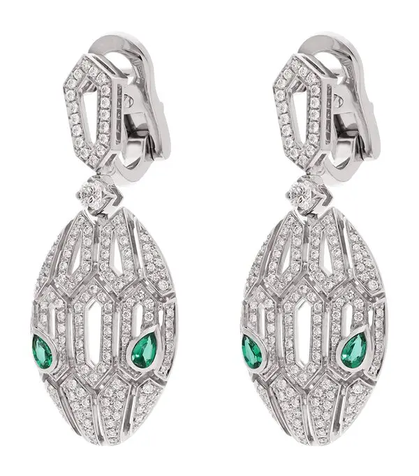 BVLGARI Gold Diamond And Emerald Serpenti Drop Earrings