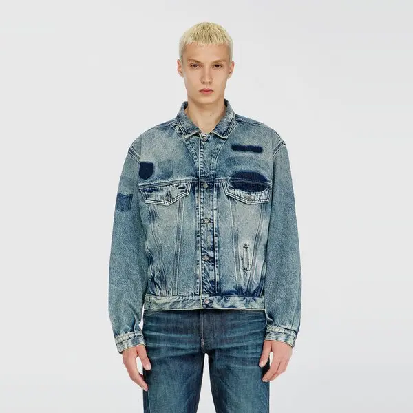 DIESEL® Distressed Patch Effect Denim Trucker Jacket - Blue