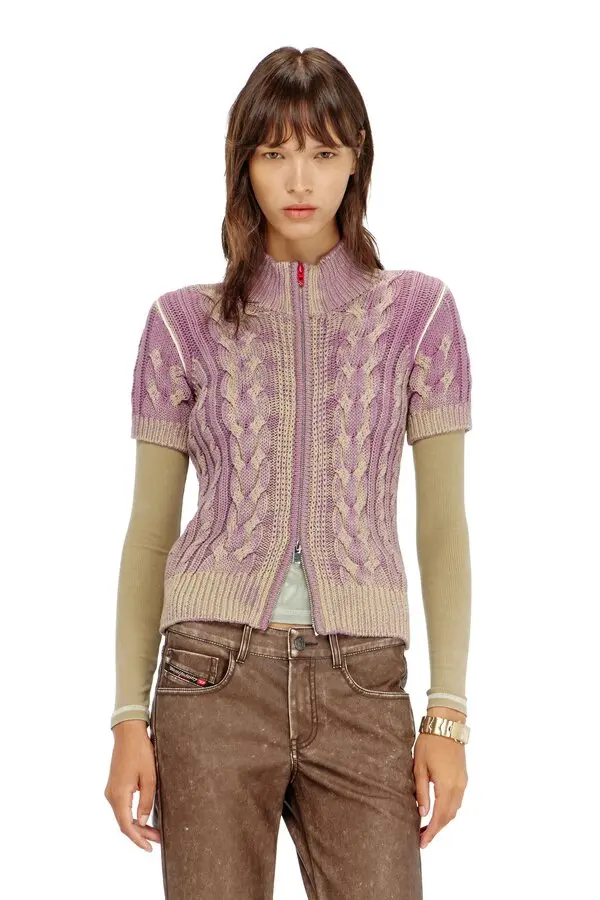 DIESEL® Cable Knit Short Sleeve Zip Cardigan - Multicolor