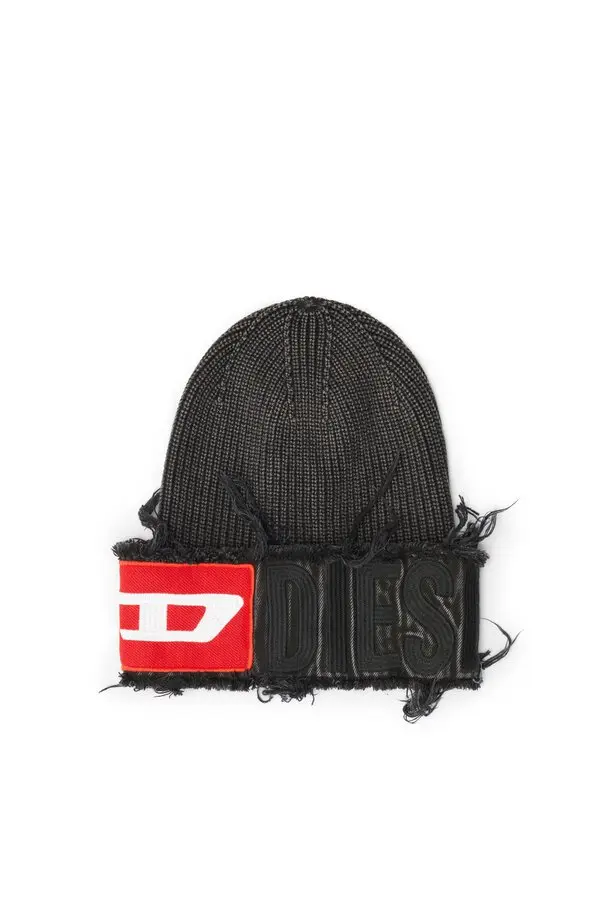 DIESEL® Denim Effect Beanie With Bold Patch Detail - Black