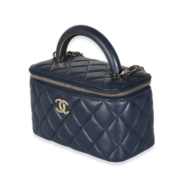 Chanel Navy Quilted Lambskin Top Handle Vanity Case