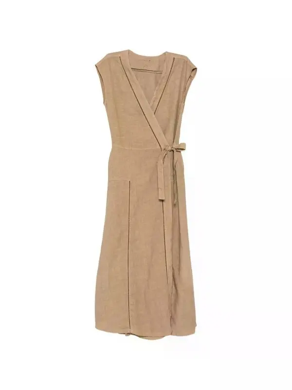 120% Lino Brown V-neck Wrap Midi Dress
