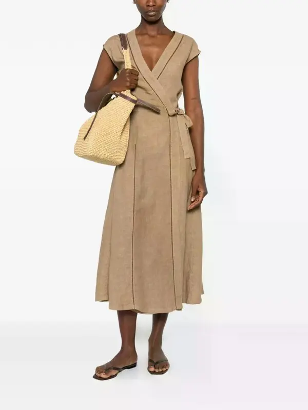120% Lino Brown V-neck Wrap Midi Dress