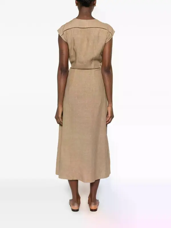 120% Lino Brown V-neck Wrap Midi Dress