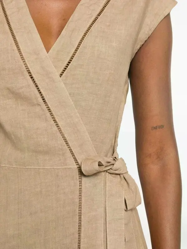 120% Lino Brown V-neck Wrap Midi Dress