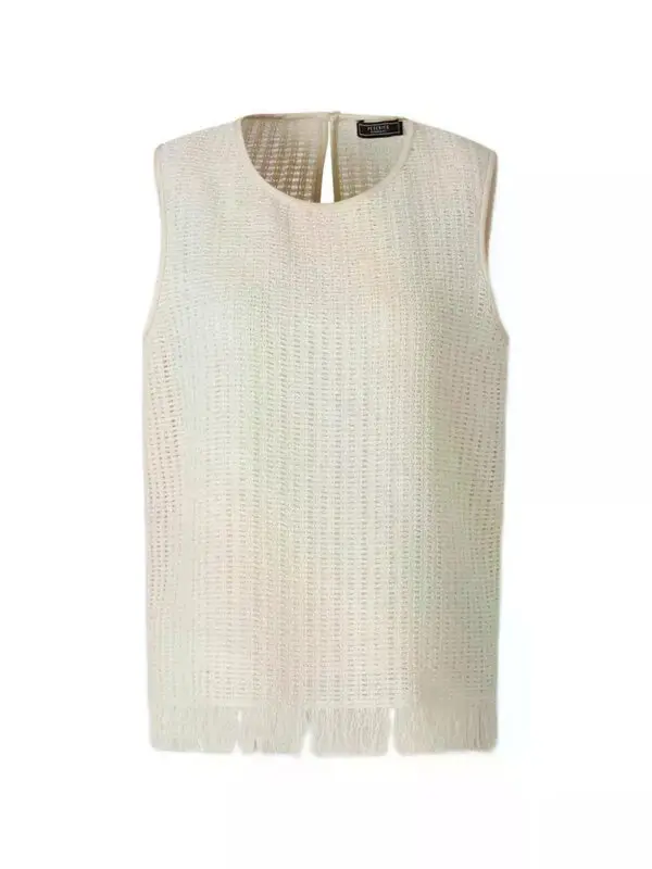 Peserico Cream White Knit Fringe Trim Sleeveless Top - Neutrals