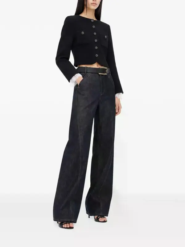SELF-PORTRAIT Lace-trimmed Cropped Jacket - Black