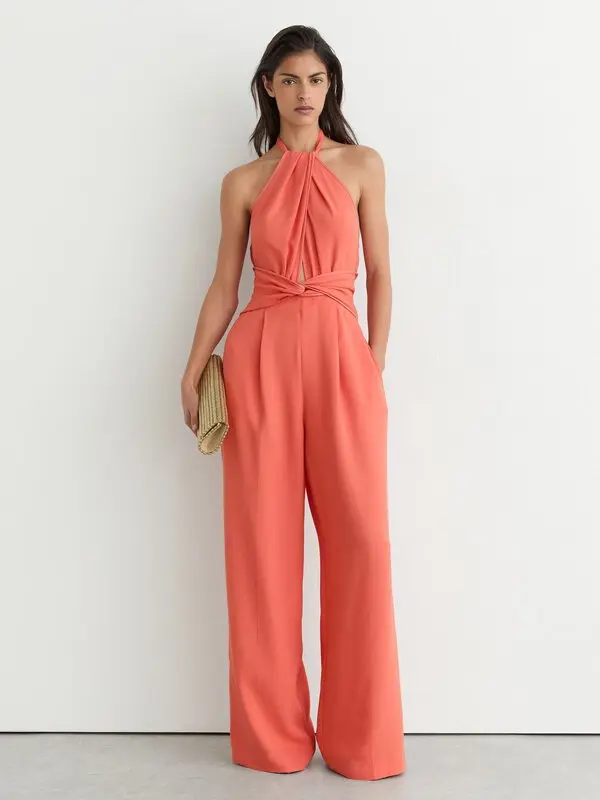 REISS Akia Twist-front Halterneck Wide-leg Jumpsuit - Coral Pink