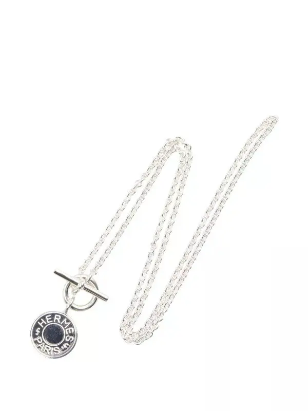 Hermès Tone Engraved Logo Coin Pendant Necklace - Silver