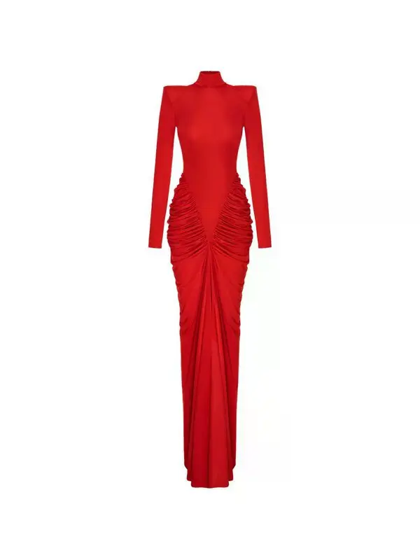 V:PM ATELIER Adwa Padded Shoulder Ruched Maxi Dress - Red