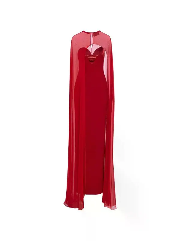 V:PM ATELIER Sindel Velvet Panel Cape Maxi Dress - Red