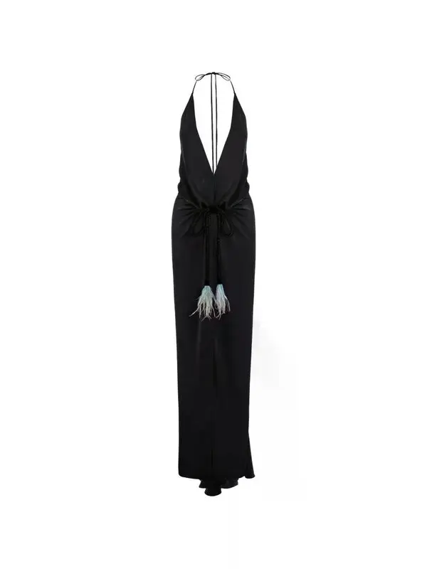 V:PM ATELIER Feather-trim Halterneck Maxi Dress - Black
