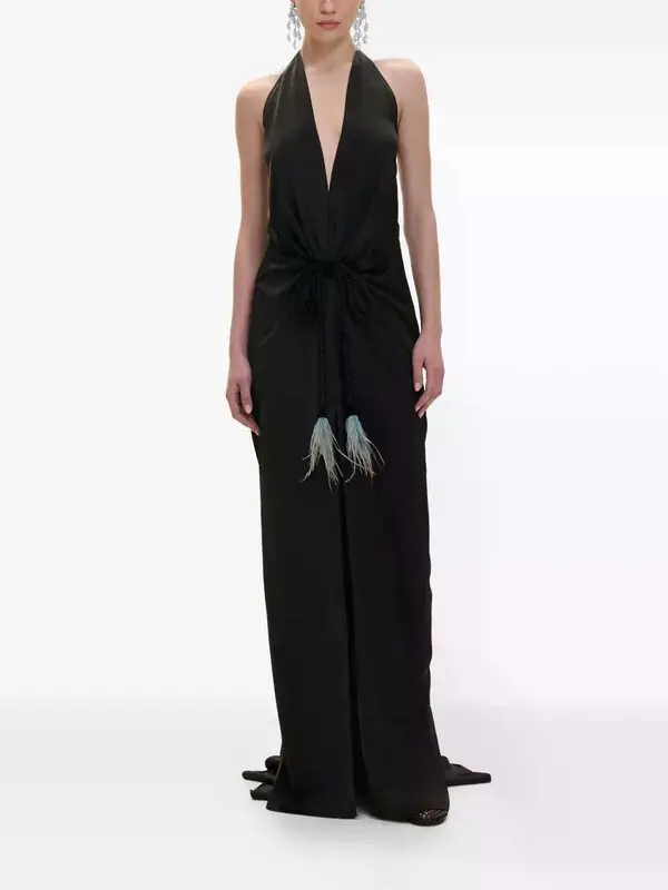 V:PM ATELIER Feather-trim Halterneck Maxi Dress