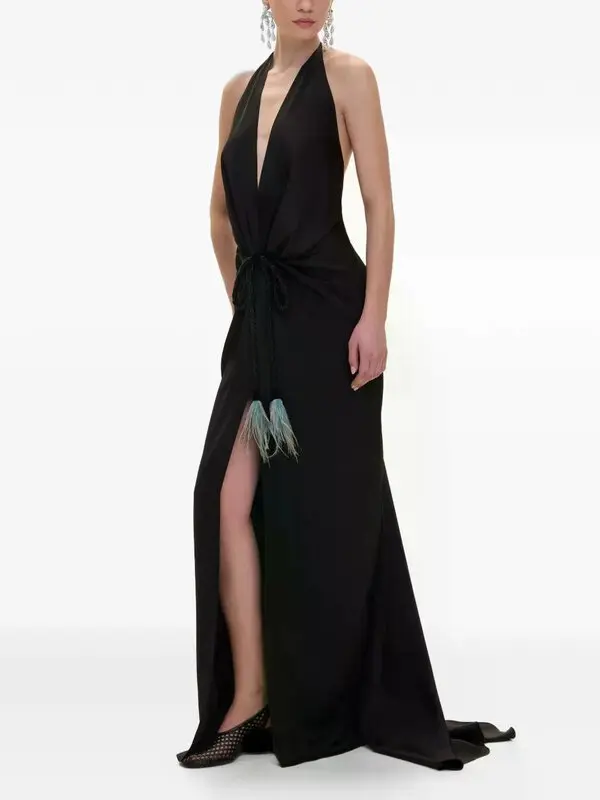 V:PM ATELIER Feather-trim Halterneck Maxi Dress