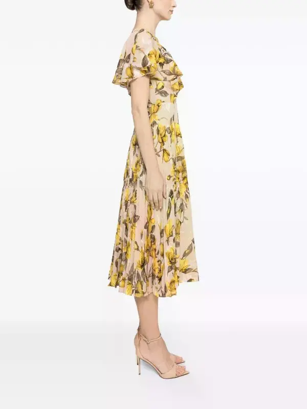 NISSA Floral Print Ruffled Midi Dress - Neutrals